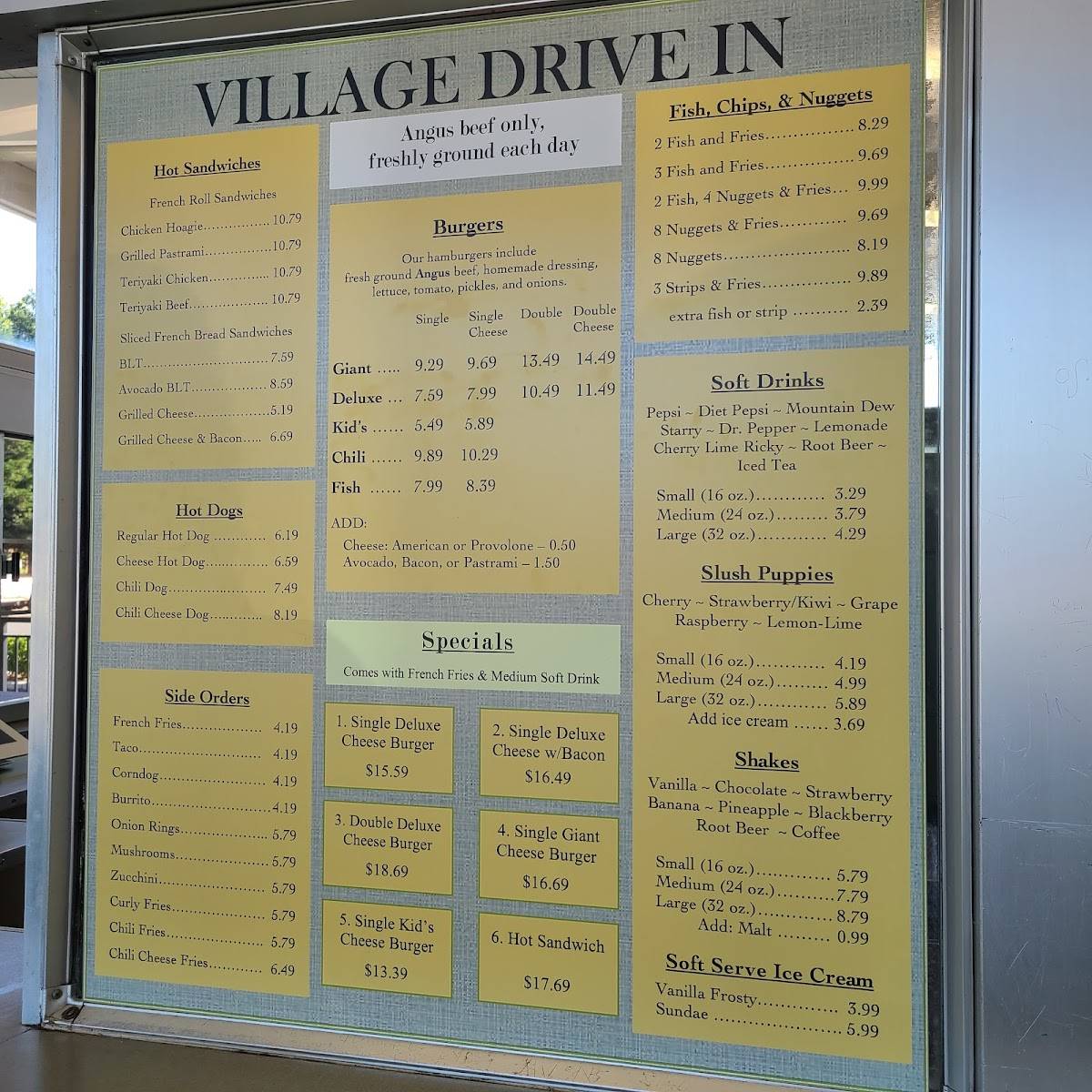 Menu at Village Drive-In fast food, Sacramento
