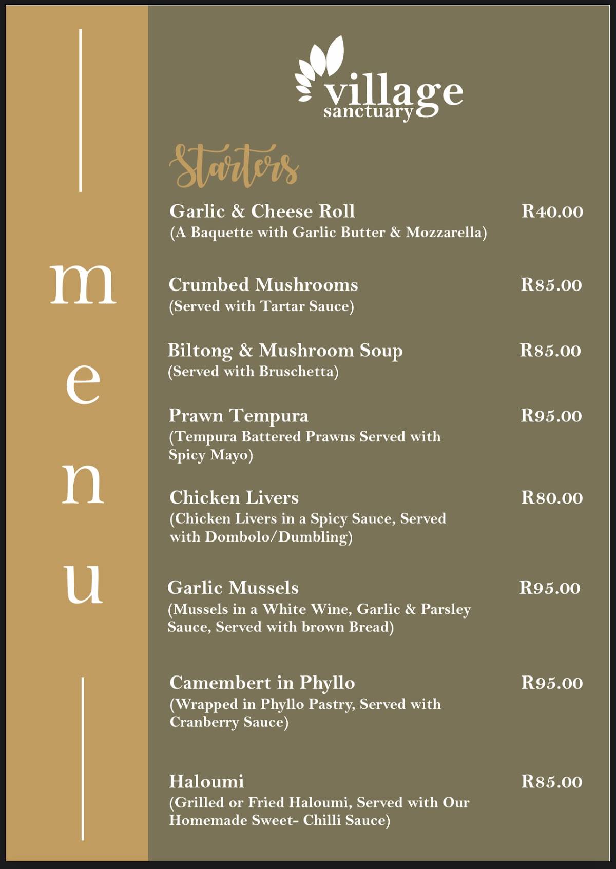 Menu at Village Sanctuary restaurant, Zebediela