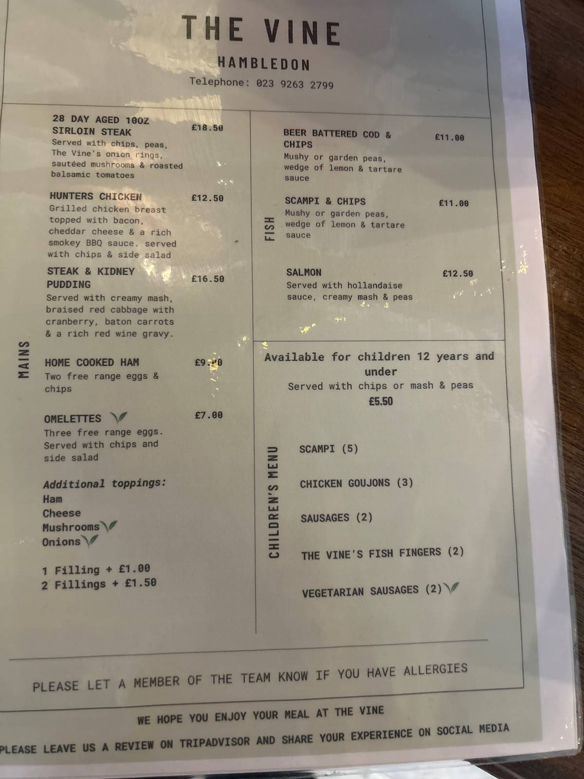 Menu at Vine Inn pub & bar, Hambledon