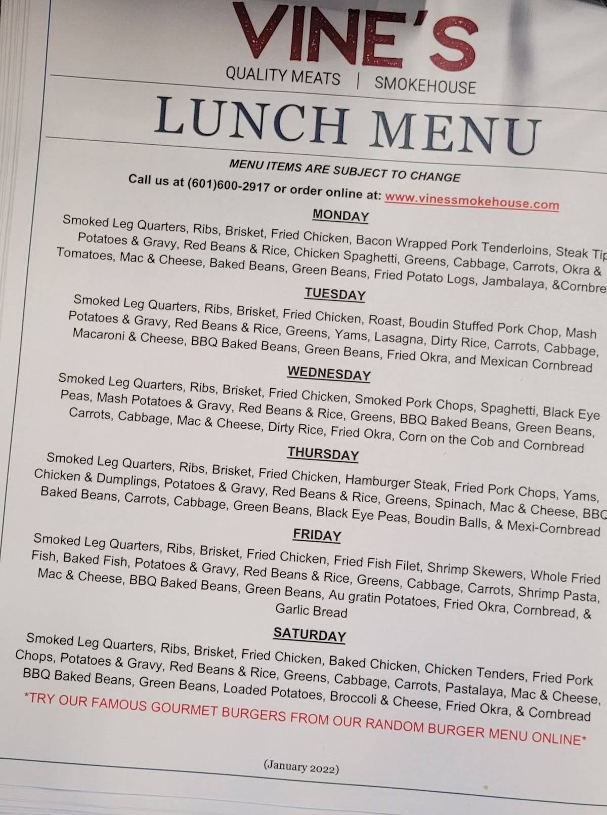 Menu at Vine's 2.0 restaurant, McComb