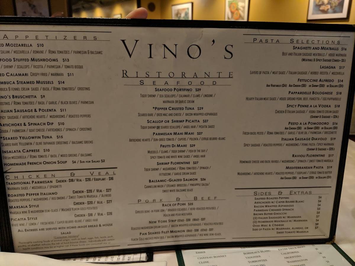 Menu at Vino's Ristorante restaurant, Cedar Rapids