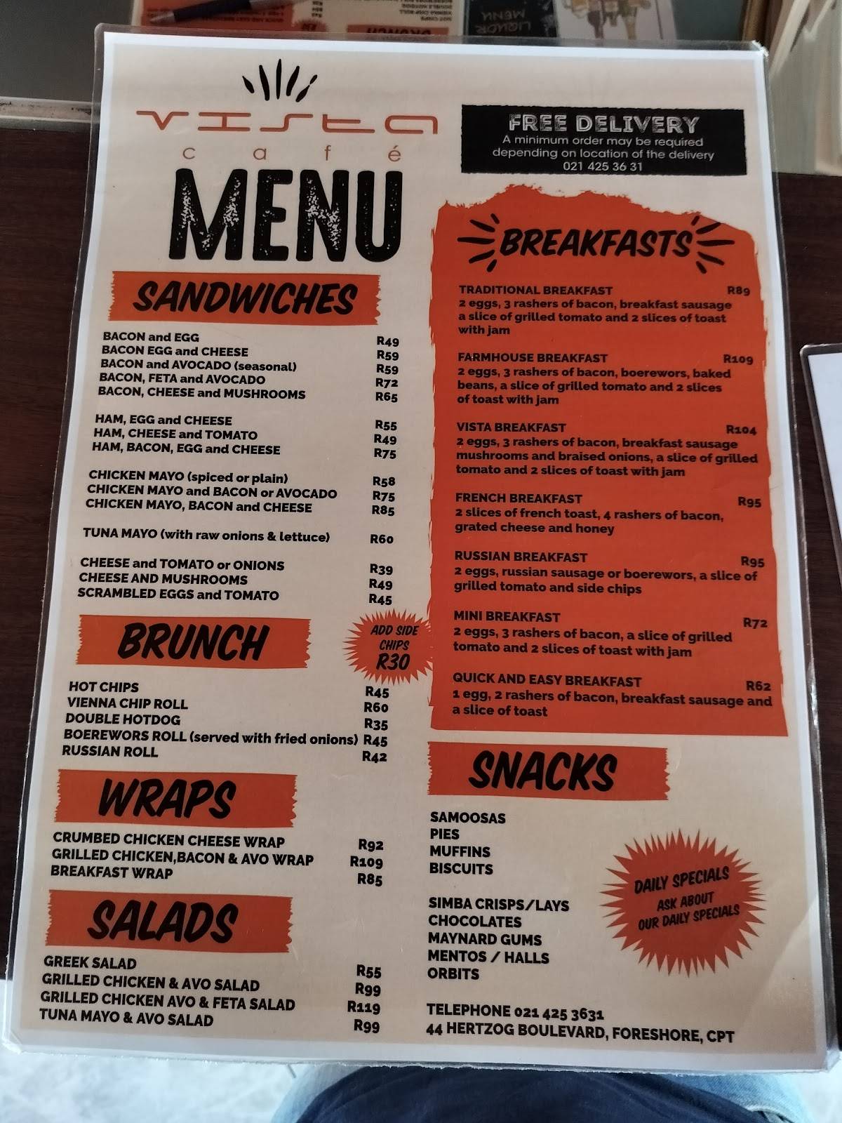Menu at Vista Cafe, Cape Town