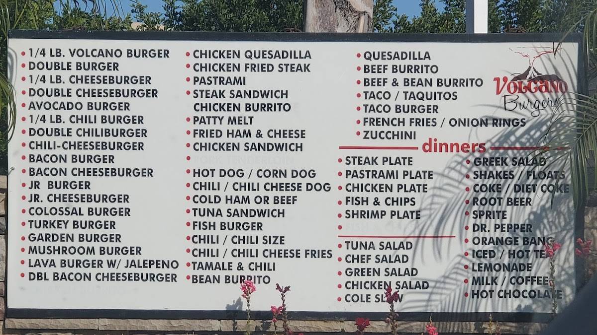 Menu at Volcano Burgers restaurant, Los Alamitos, W Cerritos Ave