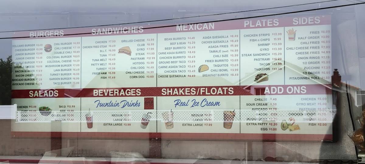 Menu at Volcano Burgers restaurant, Los Alamitos, W Cerritos Ave