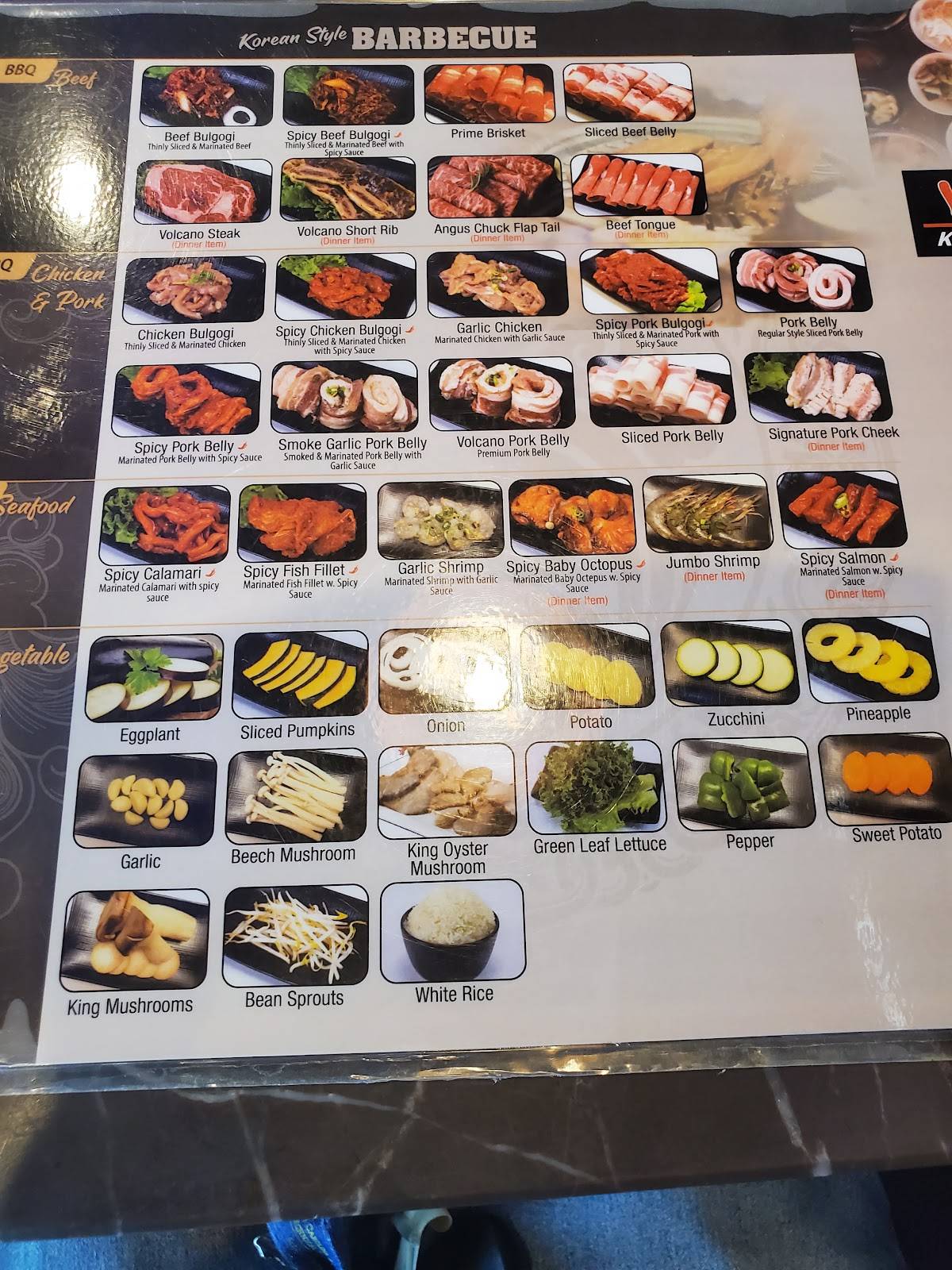 Menu at Volcano Korean BBQ and Hotpot, Greenville