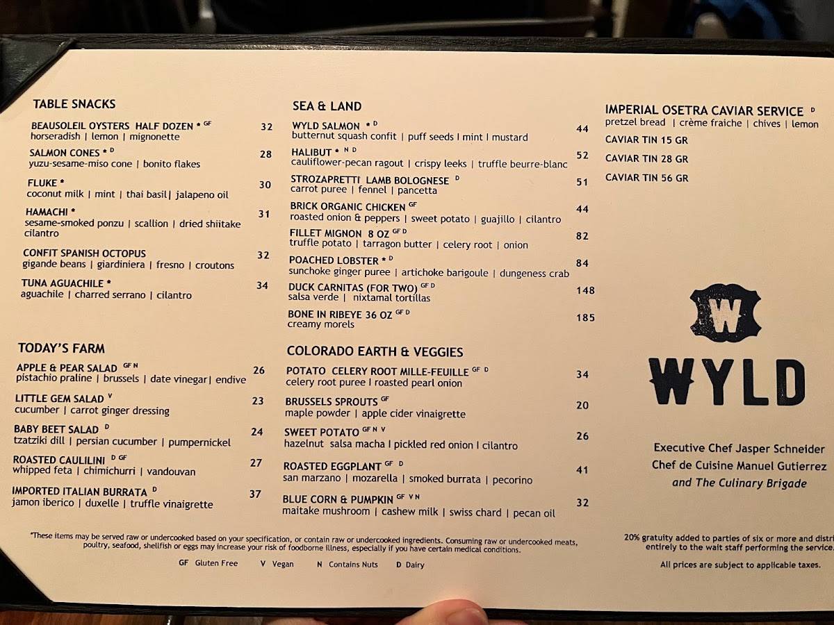 Menu at WYLD restaurant, Avon, Daybreak Ridge Rd