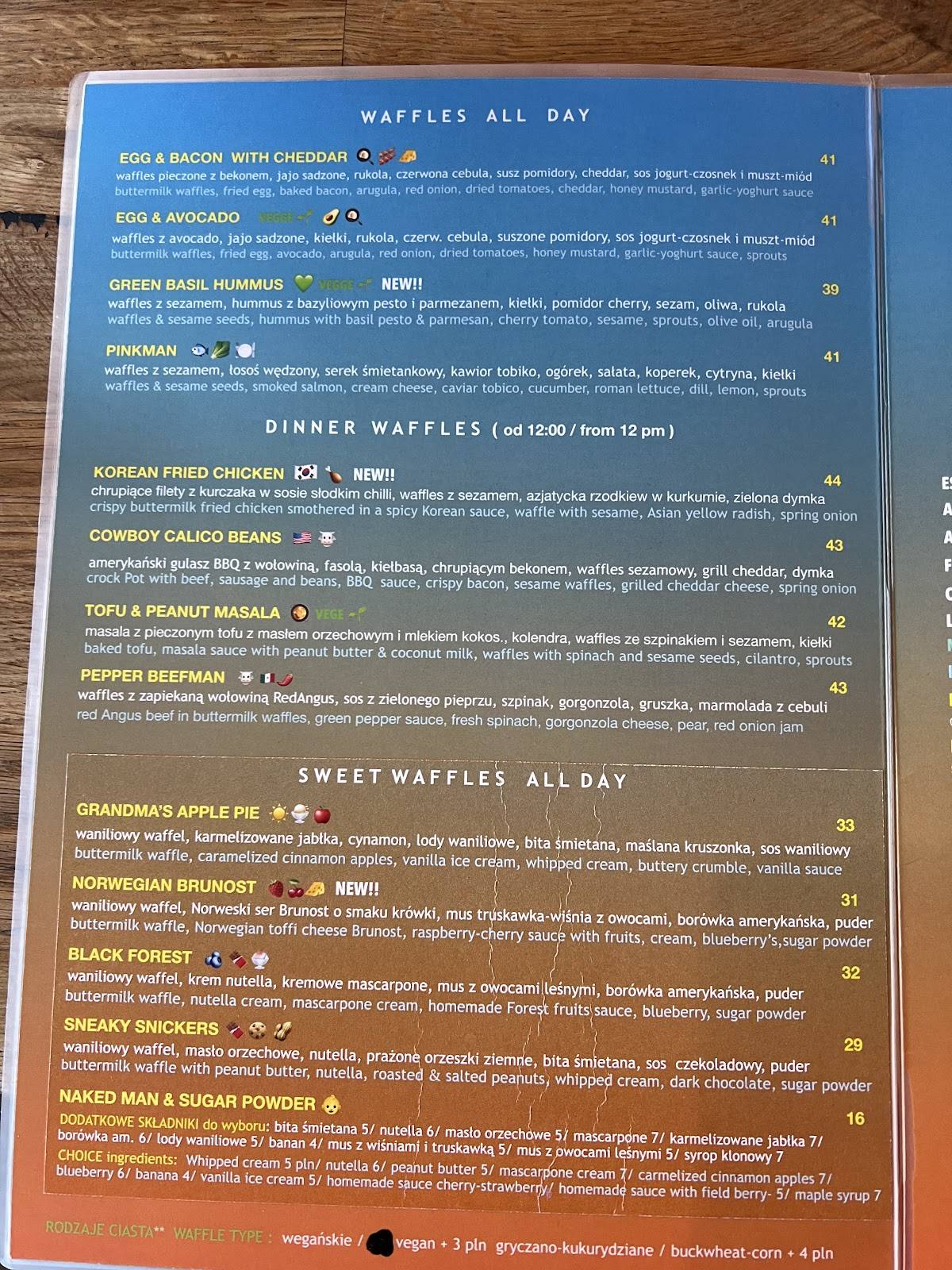 Menu at Waffle Bar, Warsaw, Akademicka 1