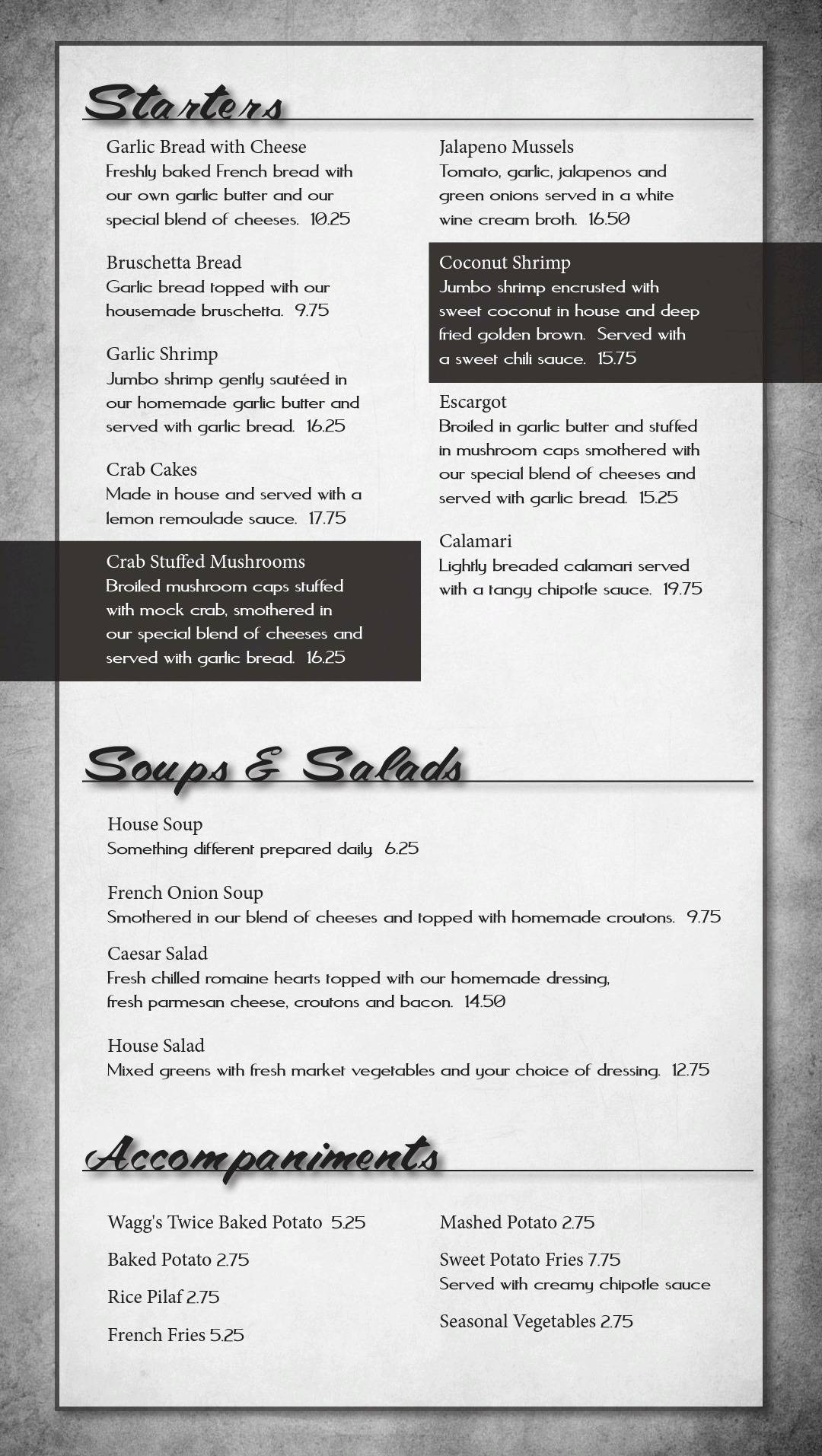 Menu at Waggs Steak & Seafood Restaurant, Sarnia