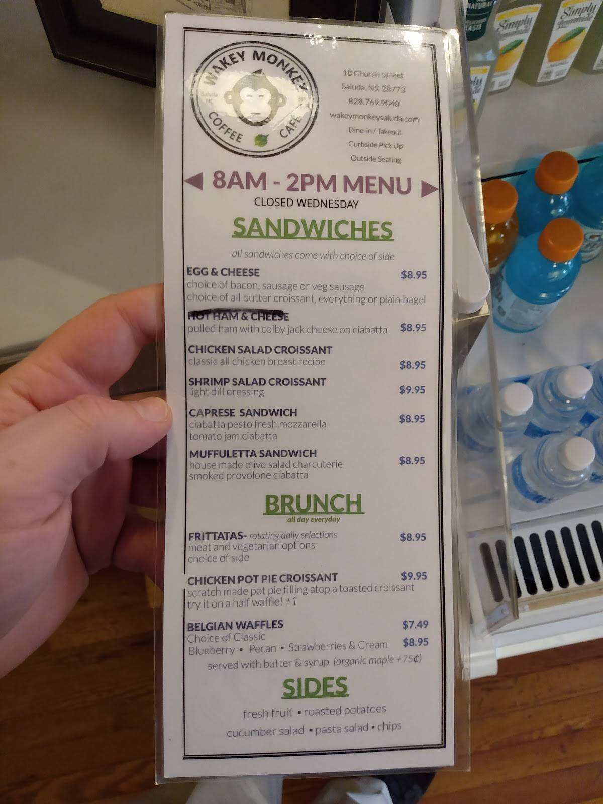 Menu at Wakey Monkey Saluda cafe, Saluda