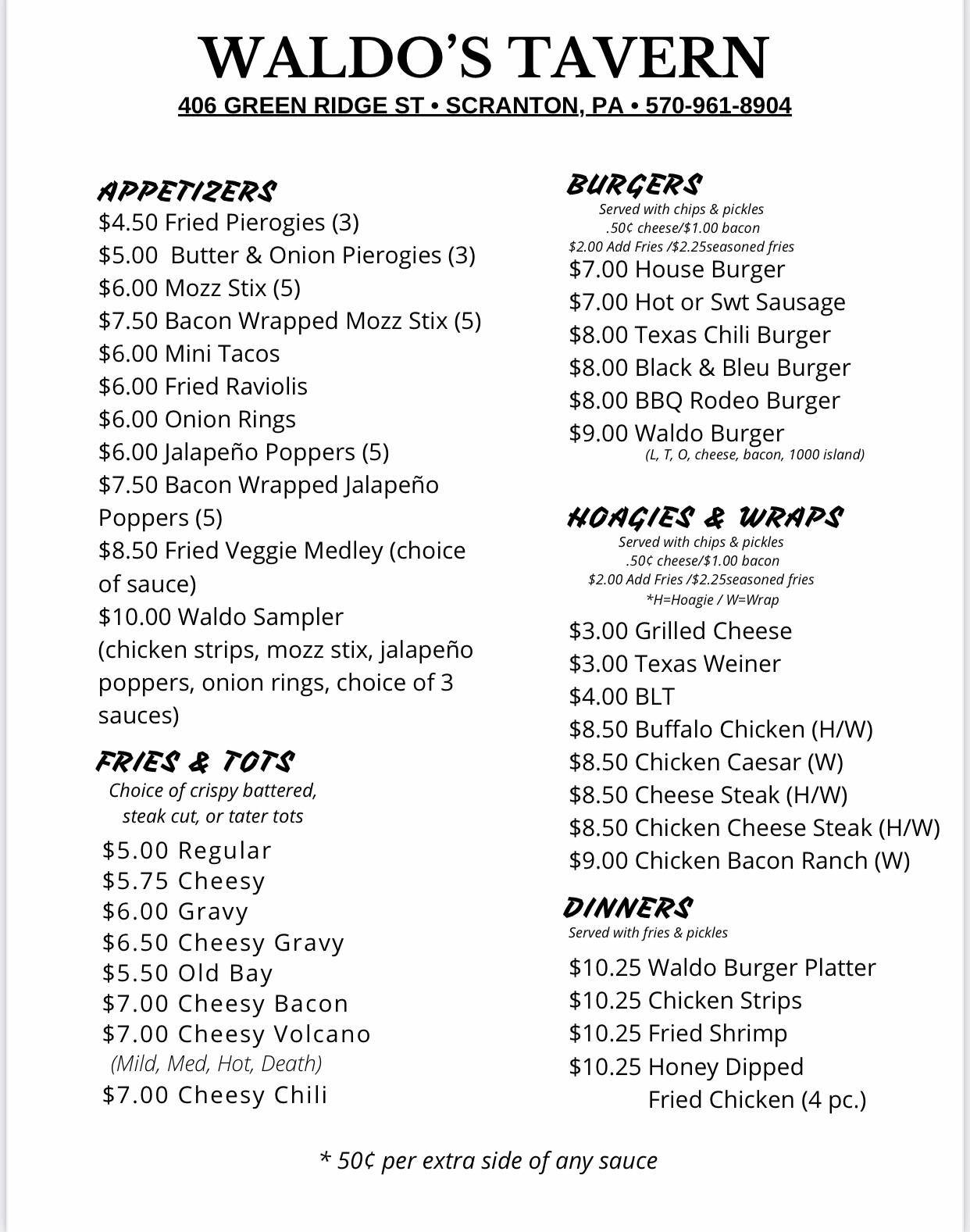 Menu at Waldo's Tavern pub & bar, Scranton