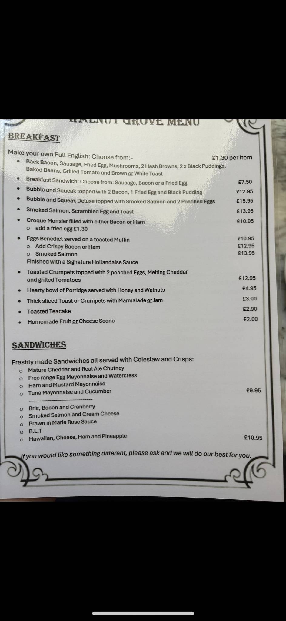 Menu at Walnut Grove cafe, Dorchester