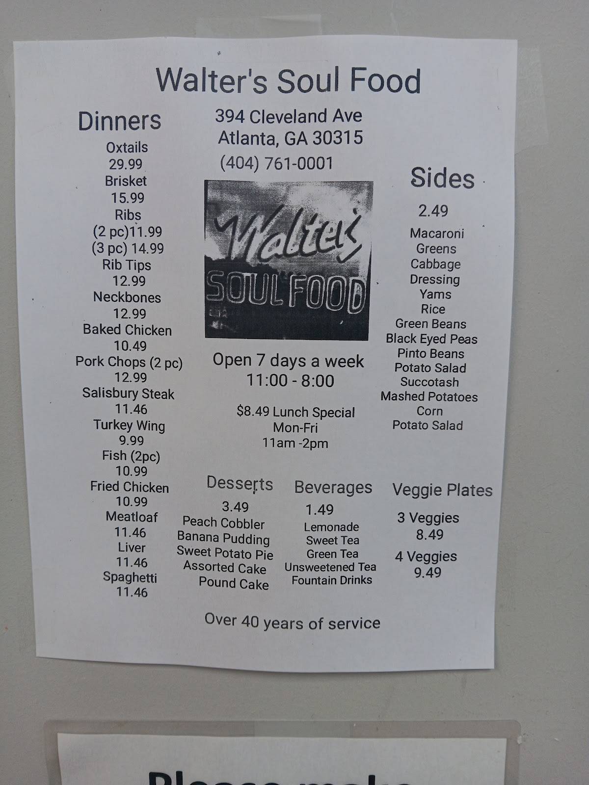 Menu at Walter's Soul Food Cafe, Atlanta, 394 Cleveland Ave SW