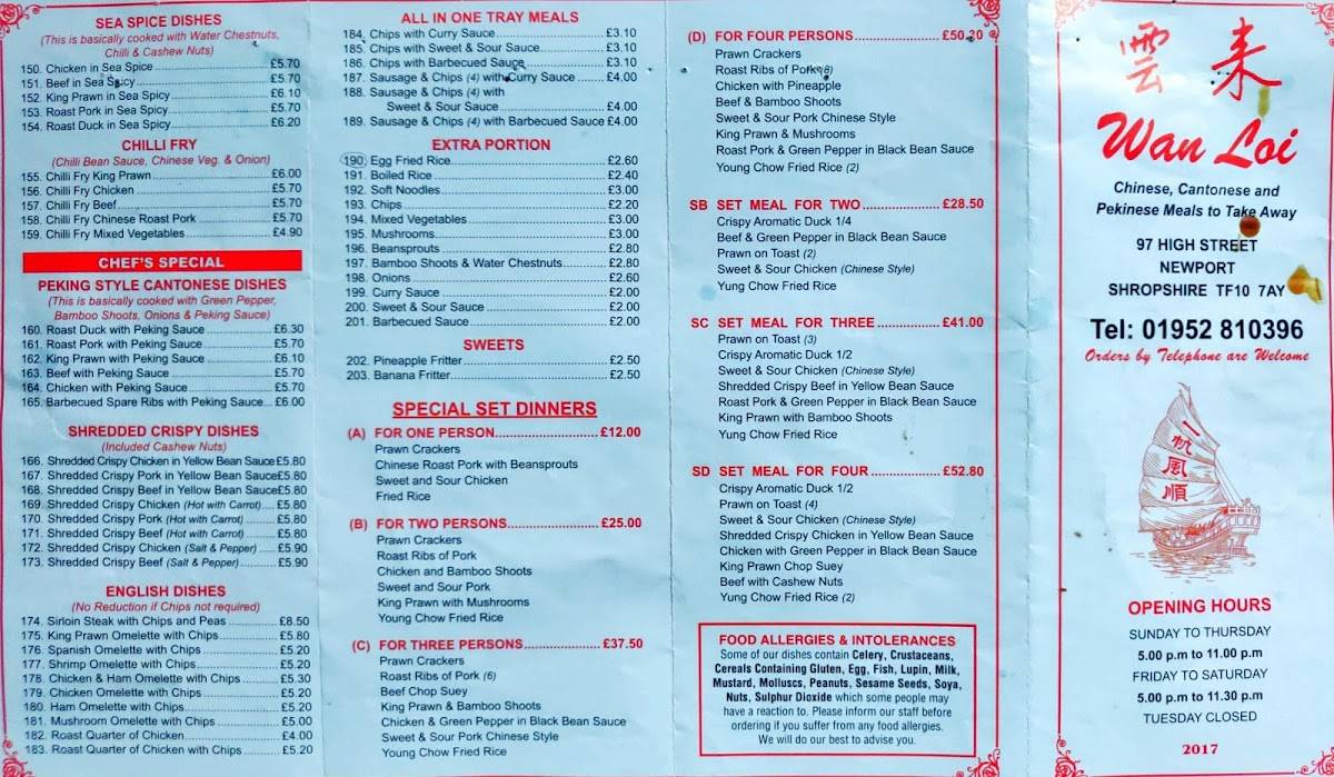 Menu at Wan Loi Takeaway fast food, Newport