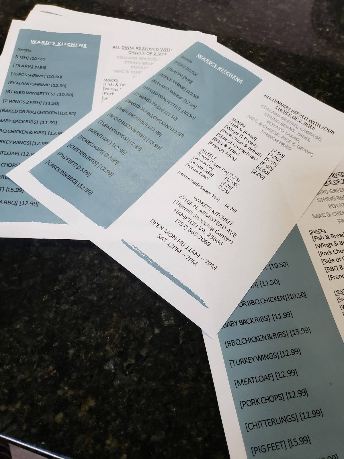 Menu at Ward's Soul Food Kitchen restaurant, Hampton