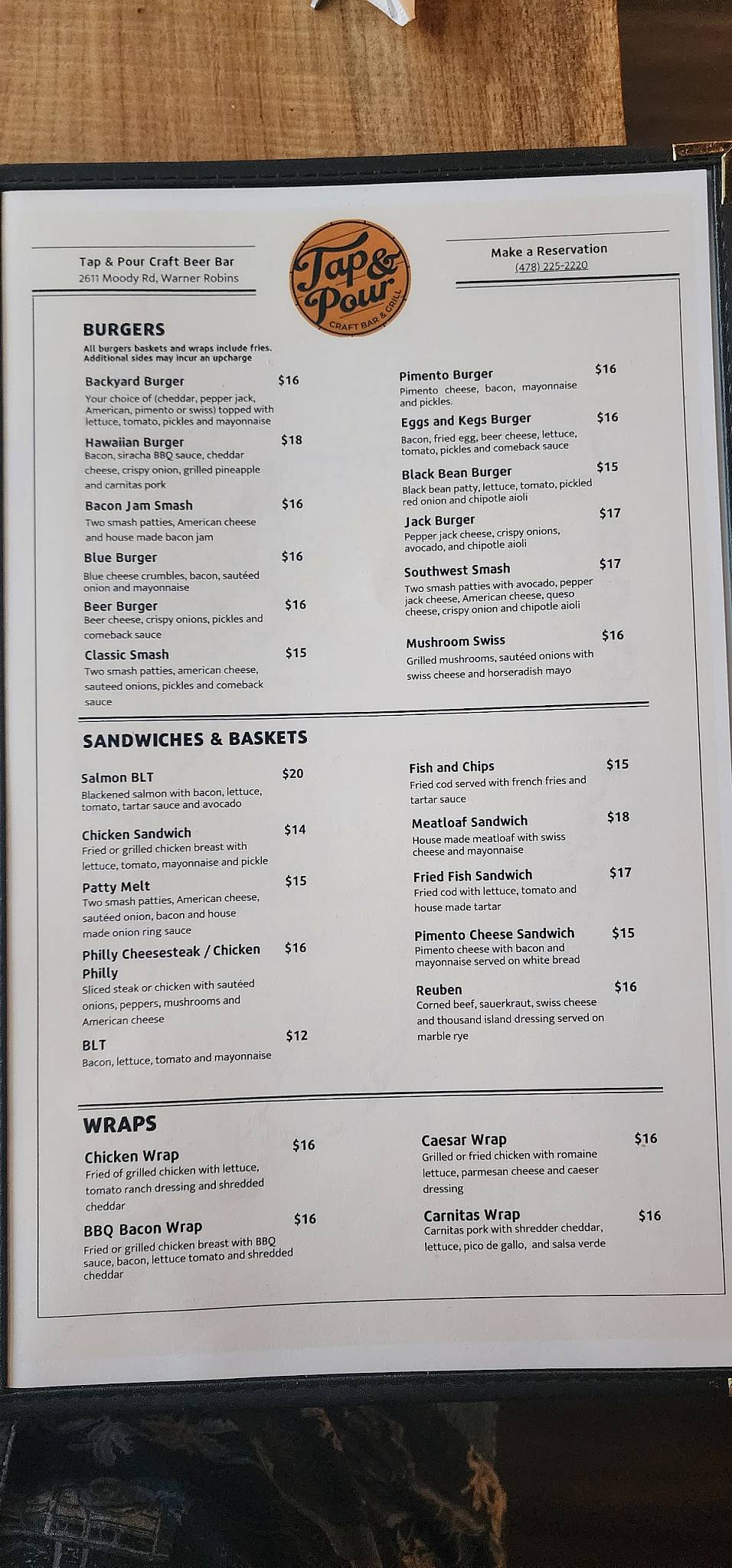 Menu at Tap and Pour pub & bar, Warner Robins