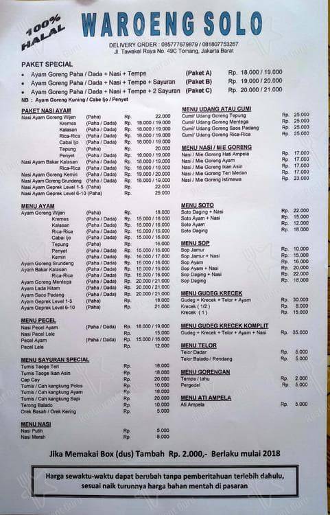 Menu at Waroeng Solo restaurant, Jakarta, Jl. Tawakal Raya No.49C