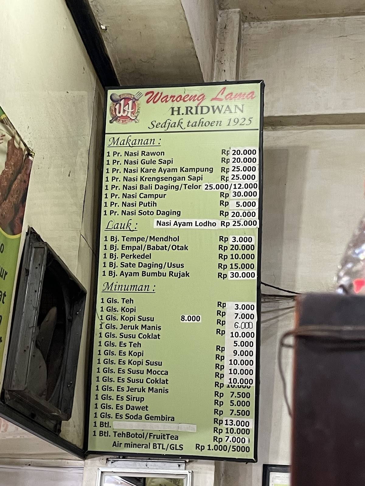 Menu at Warung Lama H. Ridwan restaurant, Malang