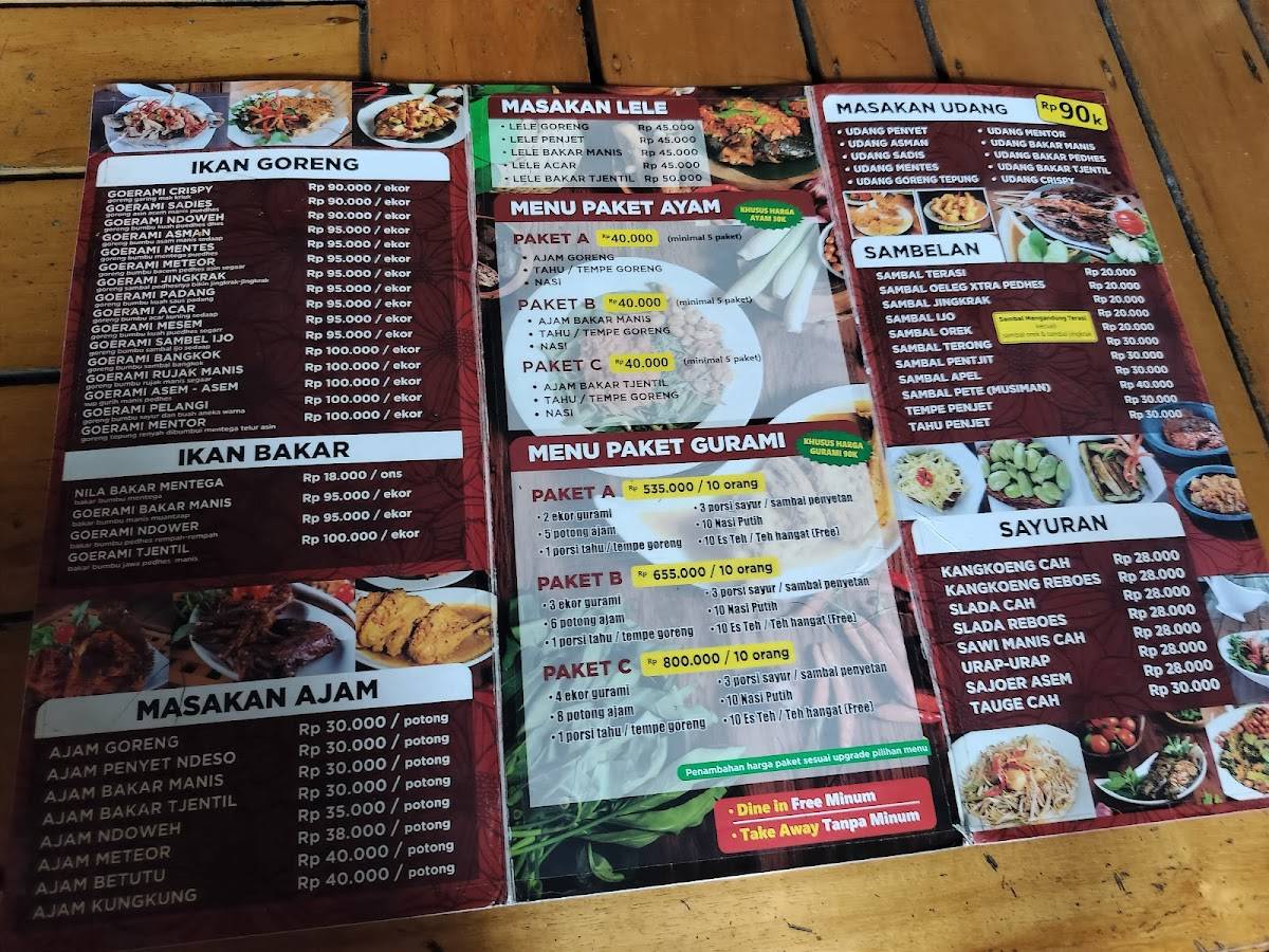 Menu at Warung Wareg restaurant, Malang, Jalan Raya Kepuharjo No.7