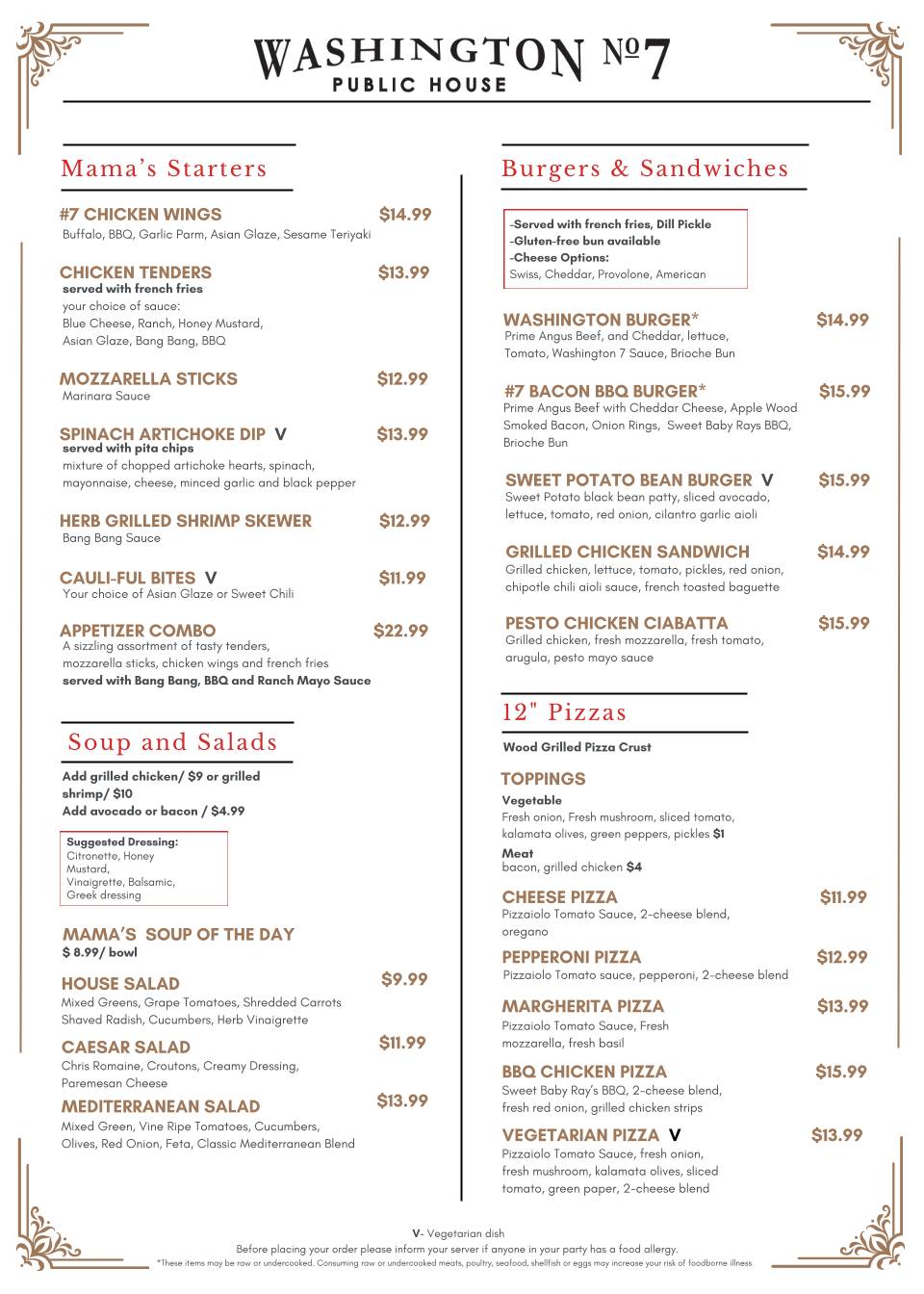 Menu at Washington No7 pub & bar, Norwood