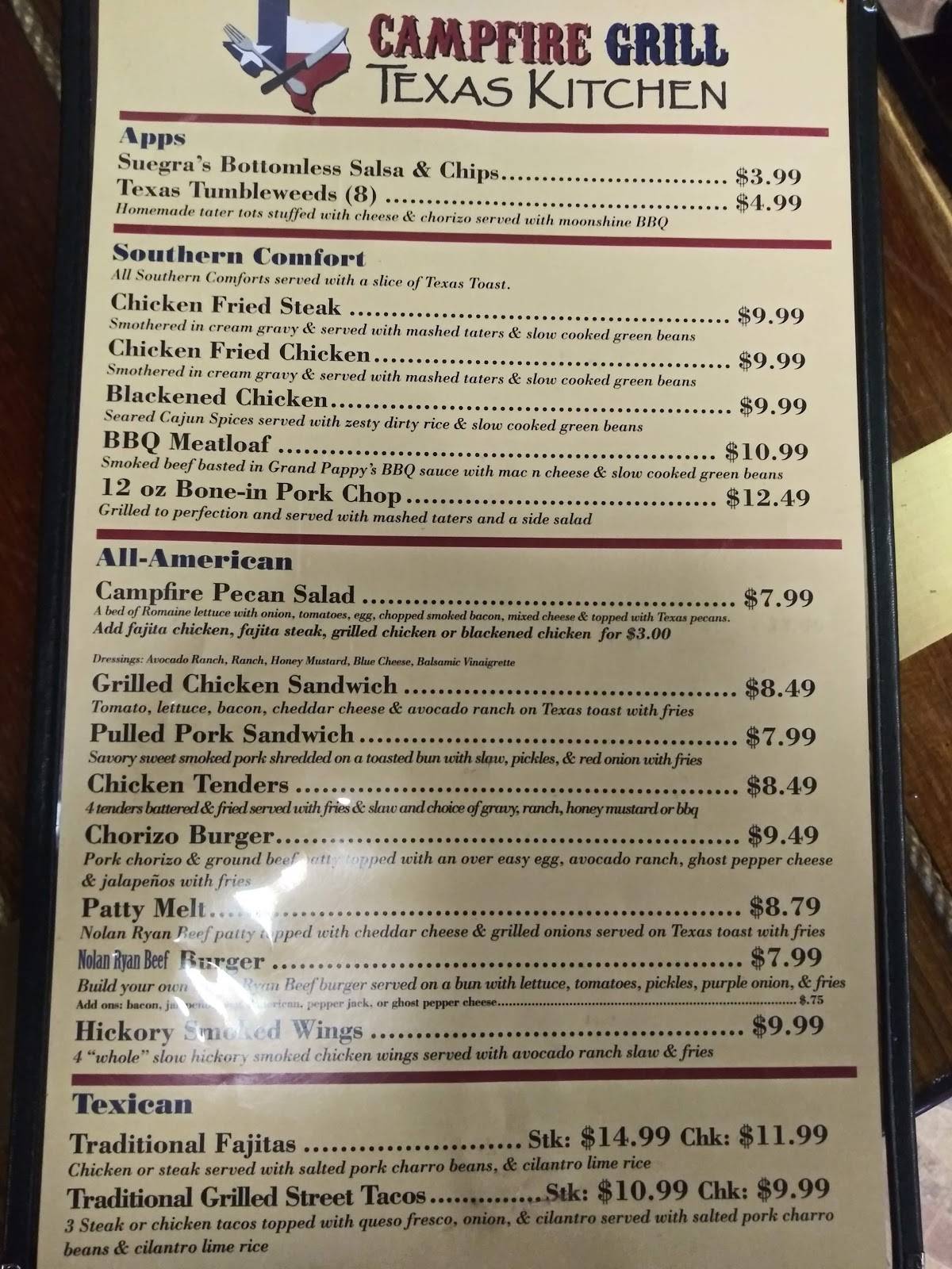 Menu at Campfire Grill Texas Kitchen restaurant, Watauga