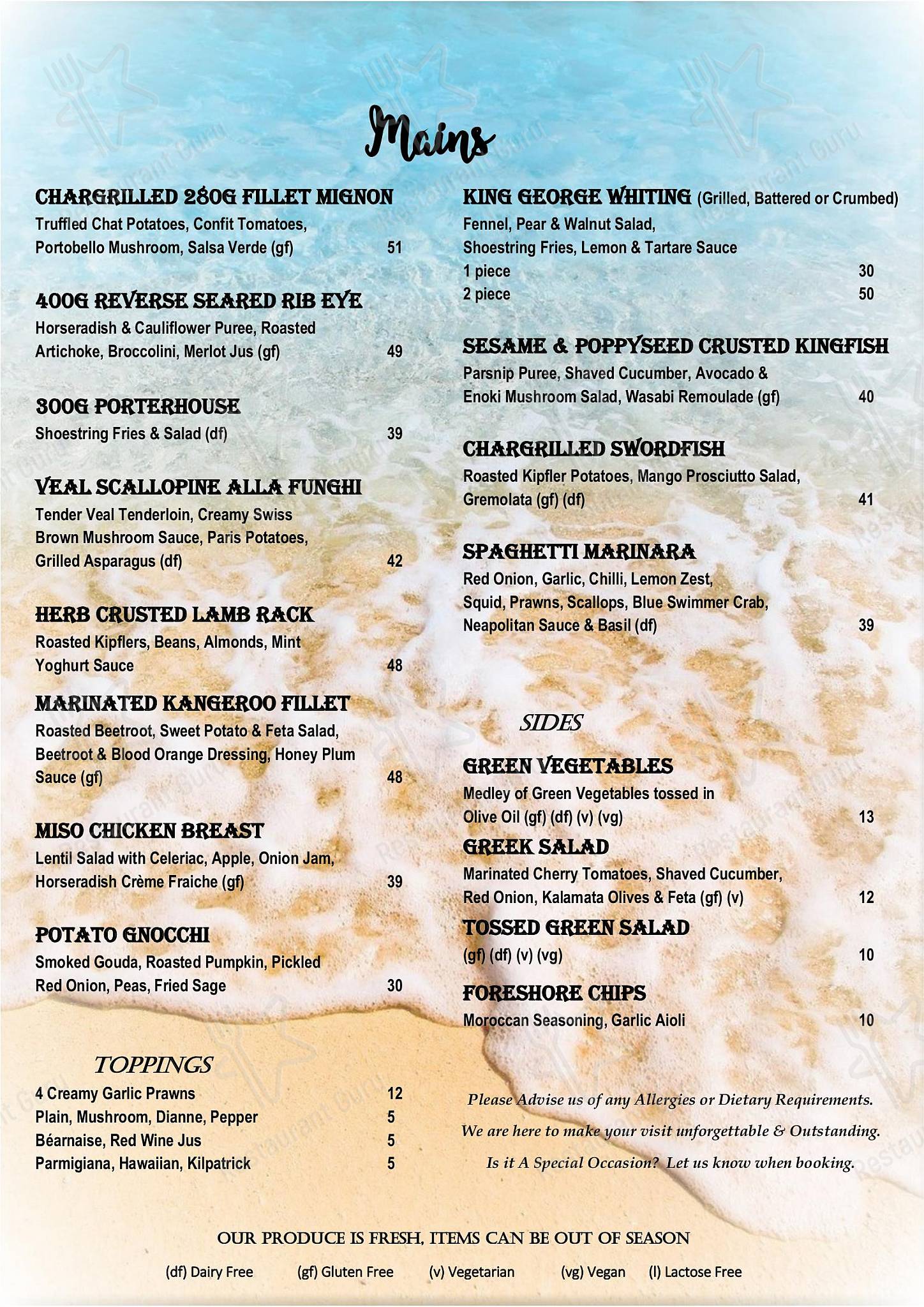 Menu at Foreshore Motor Inn restaurant, Whyalla