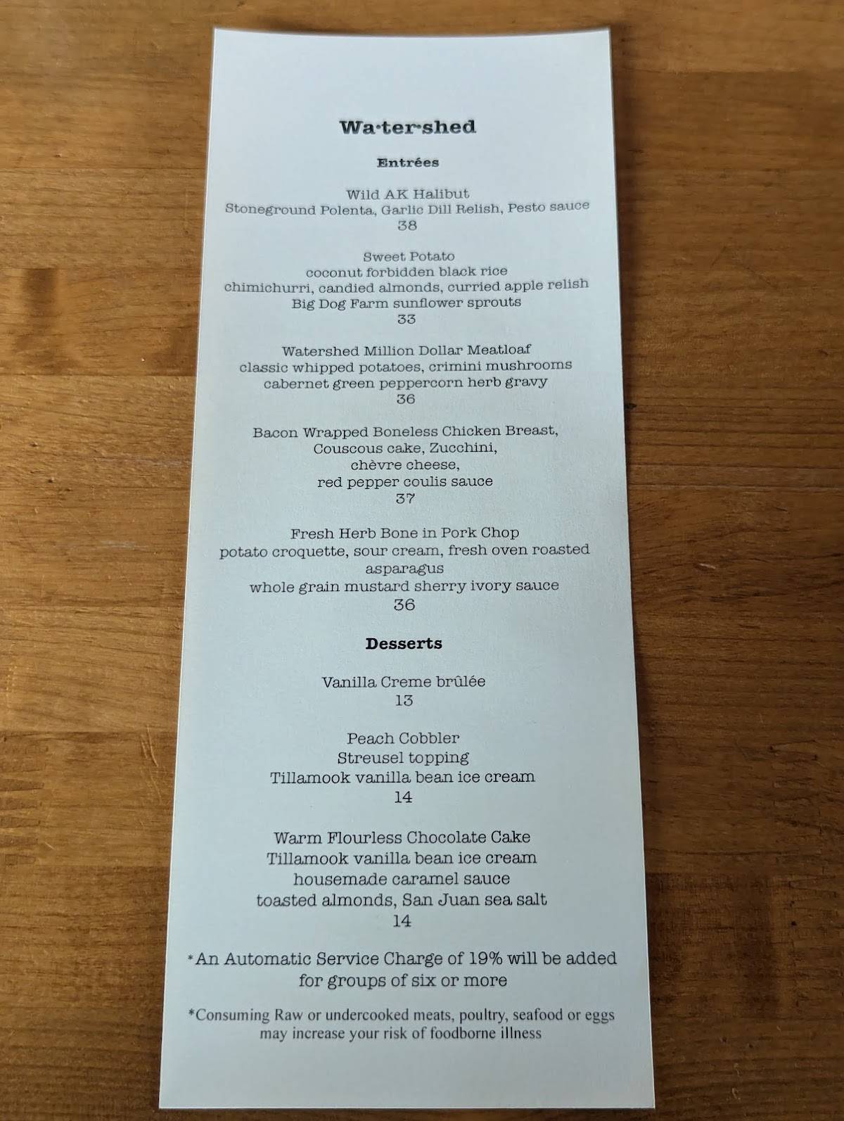 Menu at Watershed Cafe, Leavenworth