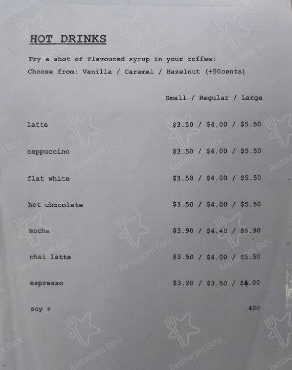 Menu at Watsonia Bakehouse restaurant, Watsonia