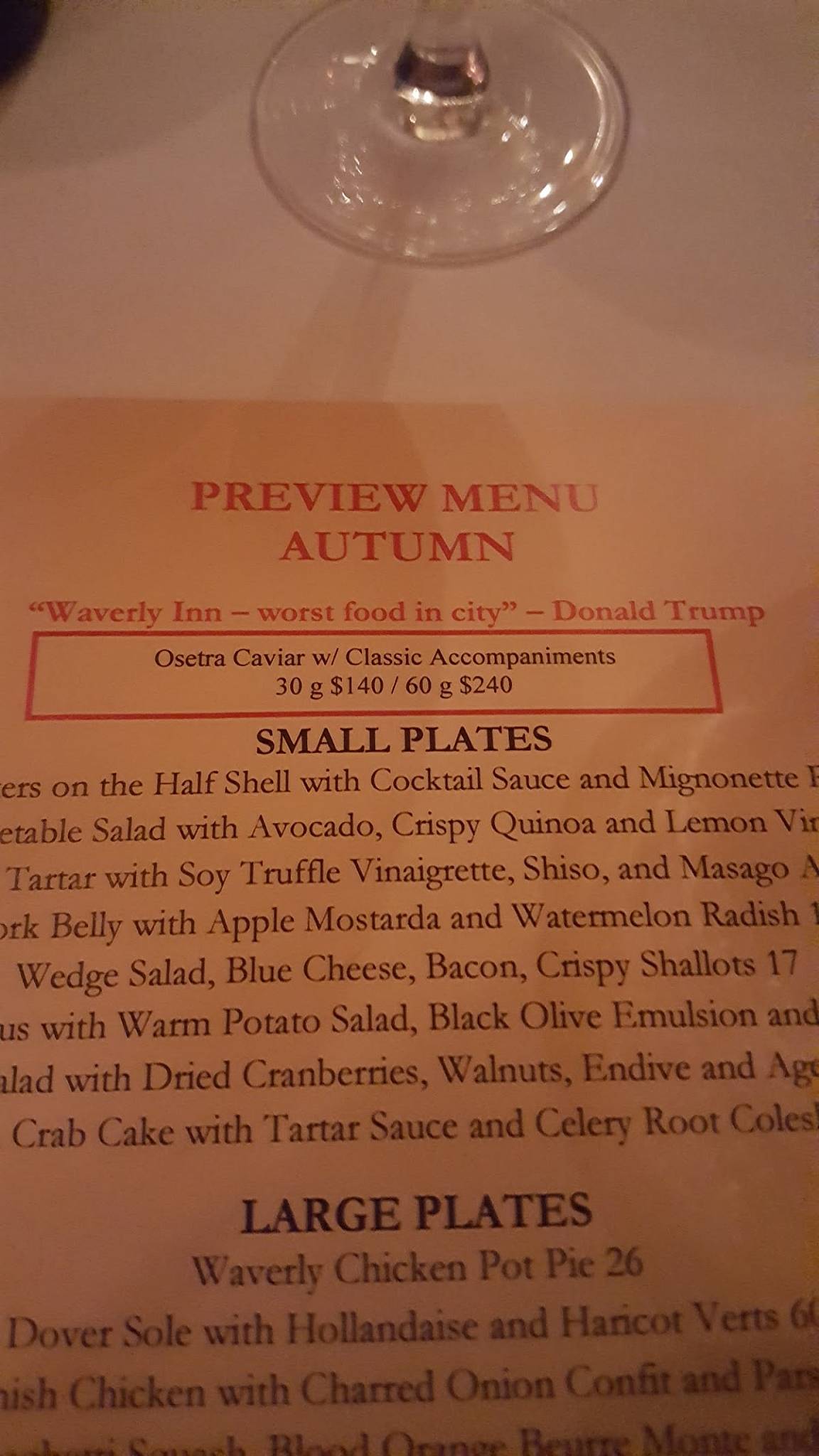 Menu at Waverly Inn restaurant, New York City