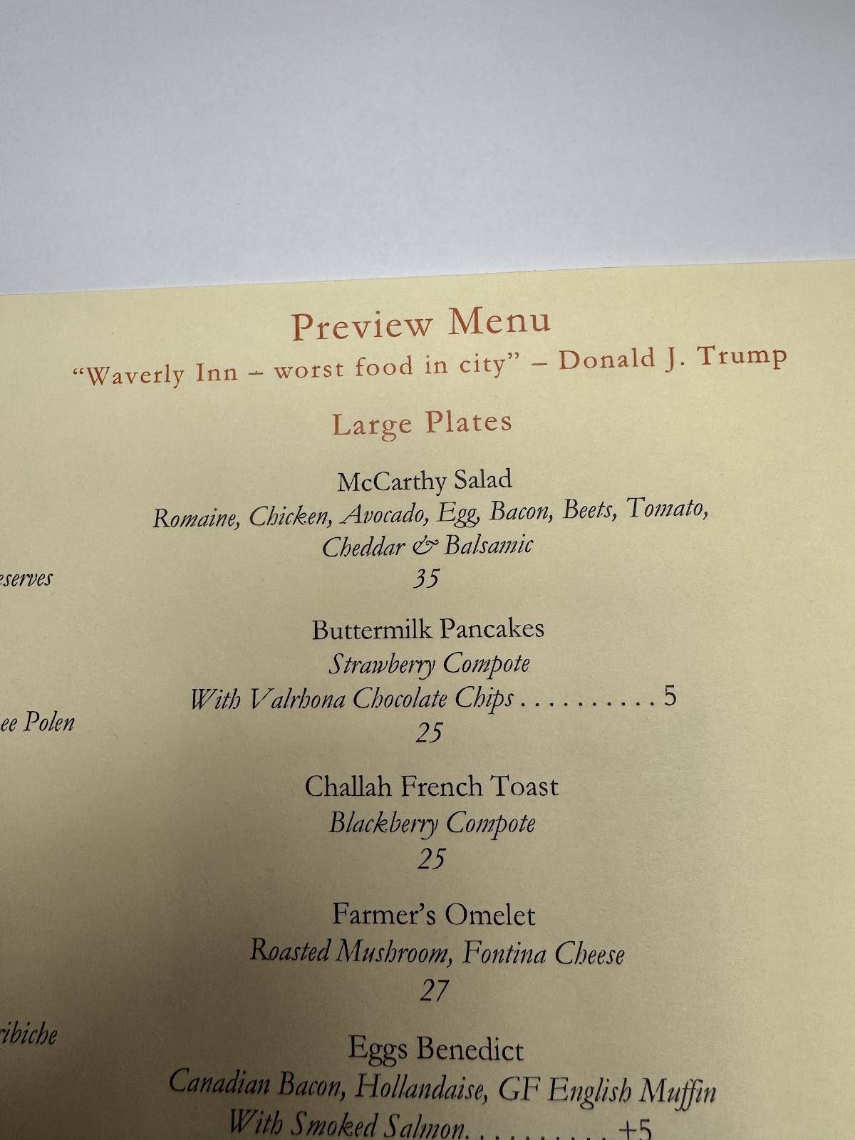 Menu at Waverly Inn restaurant, New York City