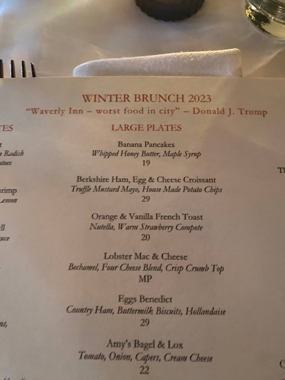 Menu at Waverly Inn restaurant, New York City