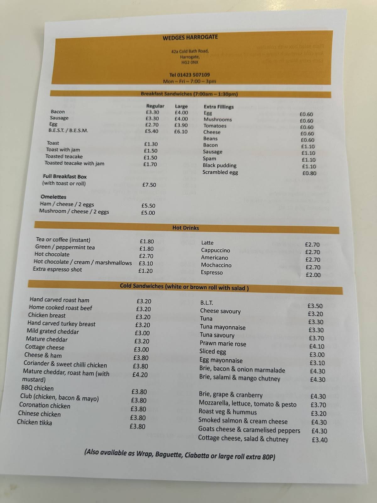 Menu at Wedges Harrogate fast food, Harrogate