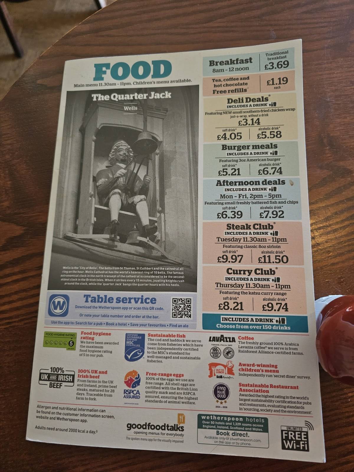 Menu at The Quarter Jack - JD Wetherspoon pub & bar, Wells
