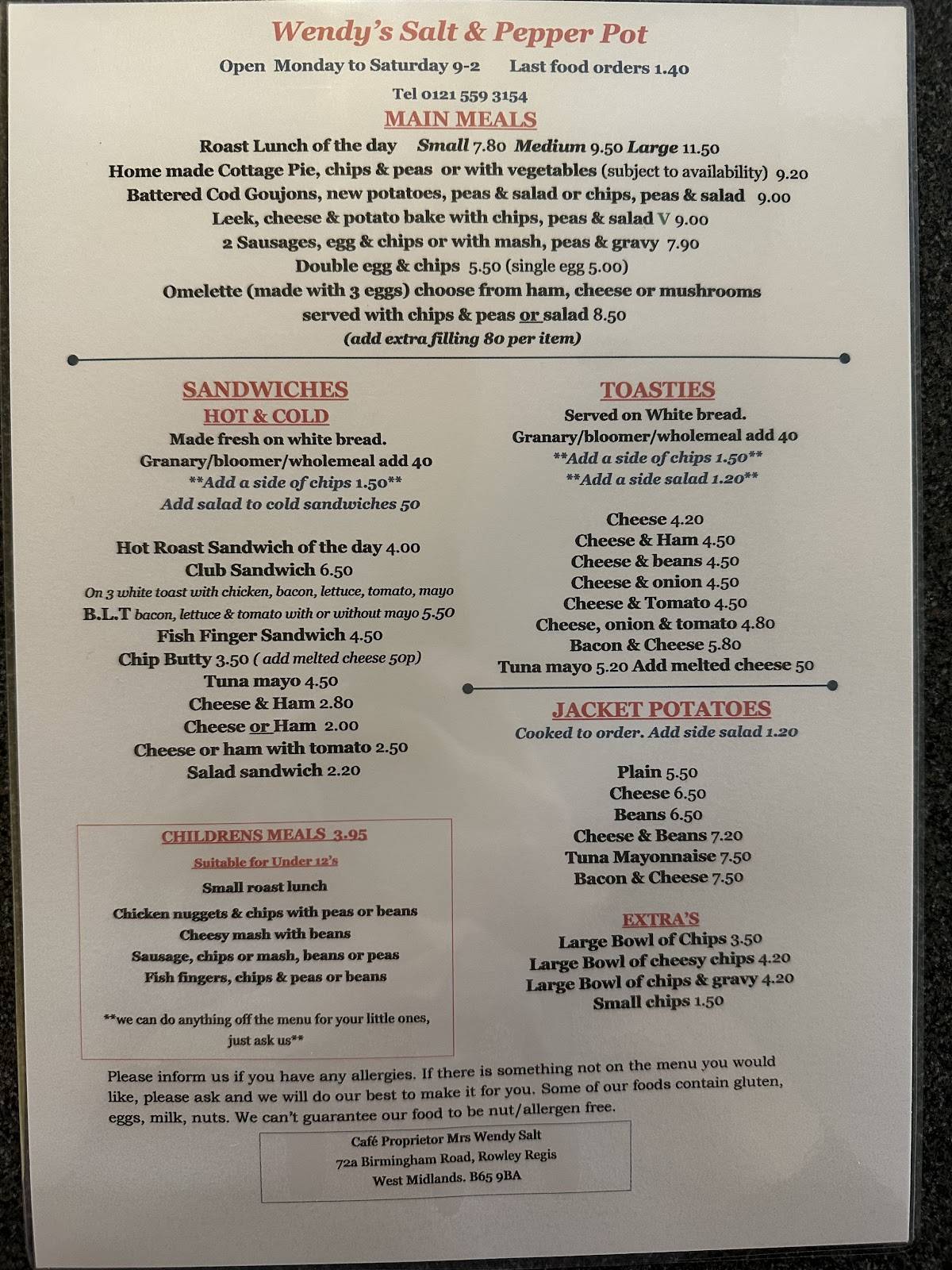 Menu at Wendy's Salt & Pepper Pot cafe, Rowley Regis