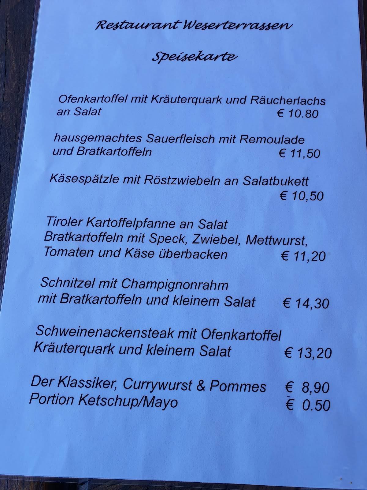 Speisekarte von Weserterrassen Polle - Café · Restaurant · Übernachtung, Polle