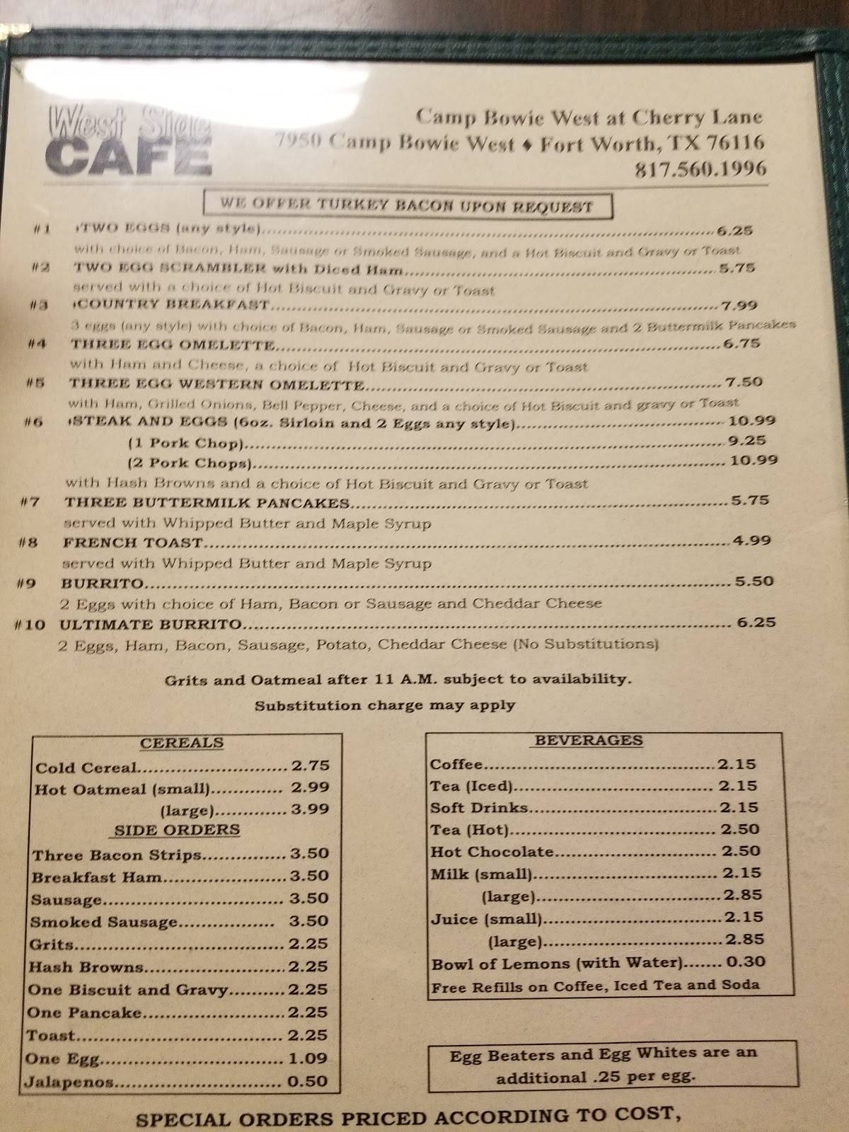 Menu at West Side Cafe, Fort Worth