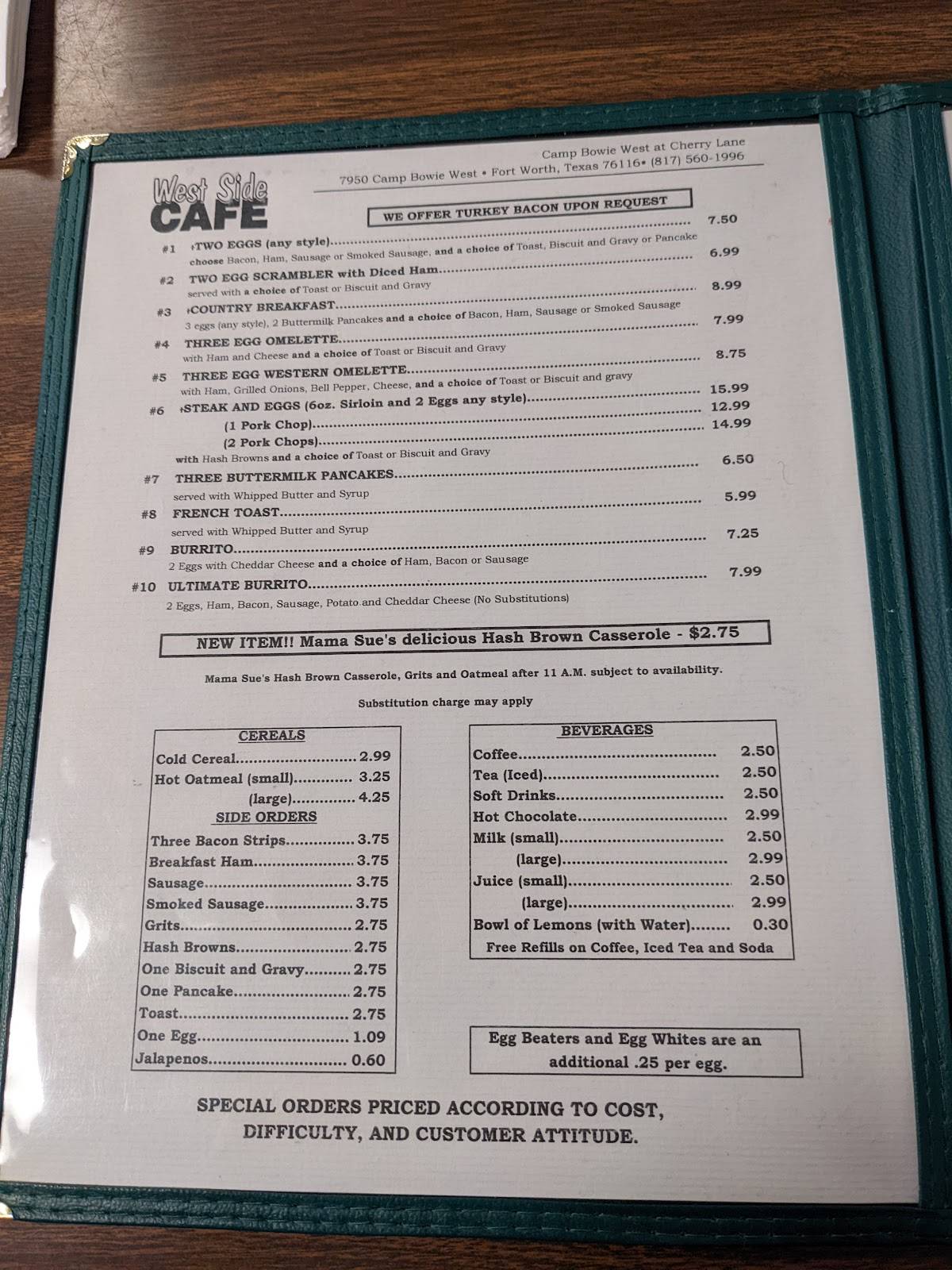 Menu at West Side Cafe, Fort Worth