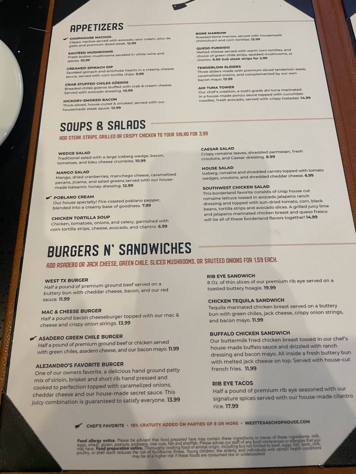 Menu at West Texas Chophouse steakhouse, El Paso