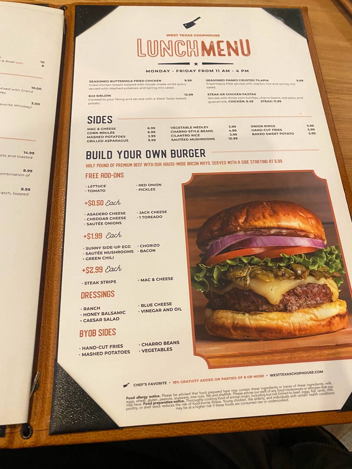 Menu at West Texas Chophouse steakhouse, El Paso
