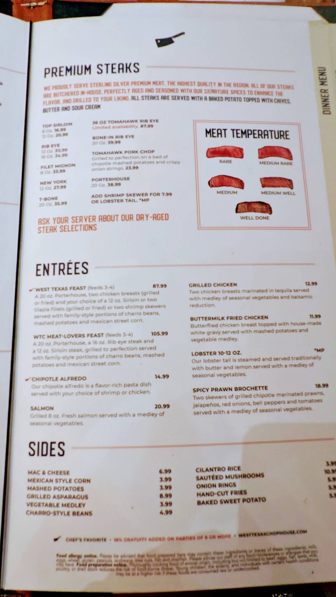 Menu at West Texas Chophouse steakhouse, El Paso
