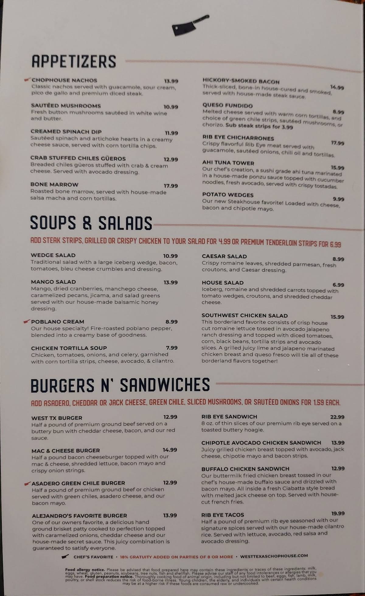 Menu at West Texas Chophouse steakhouse, El Paso