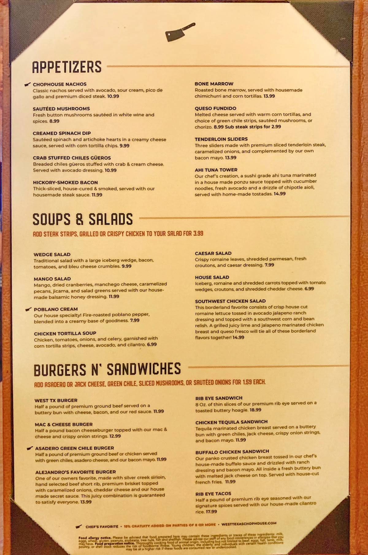 Menu at West Texas Chophouse steakhouse, El Paso