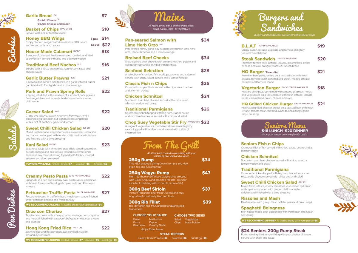 Menu at WestsideHQ restaurant, Corinda
