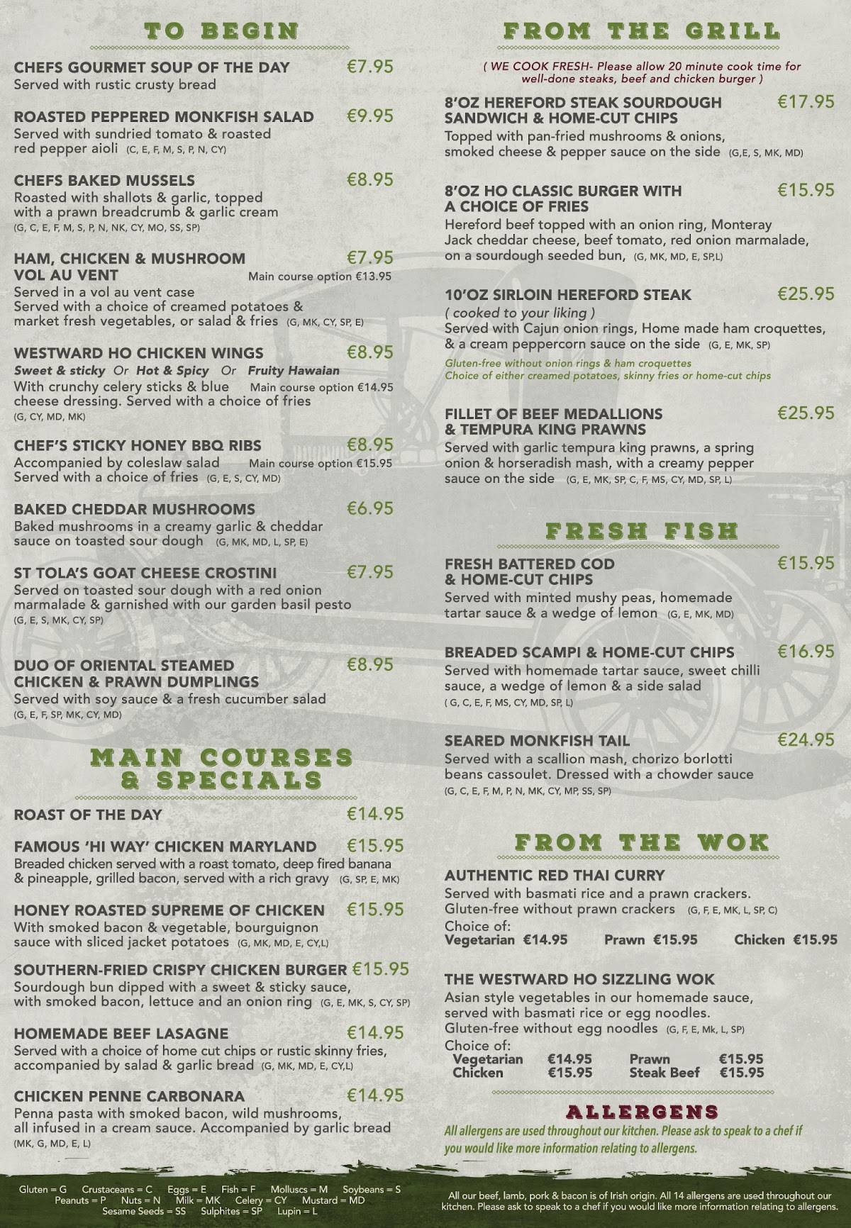 Menu at Westward Ho Bar & Restaurant, Mungret