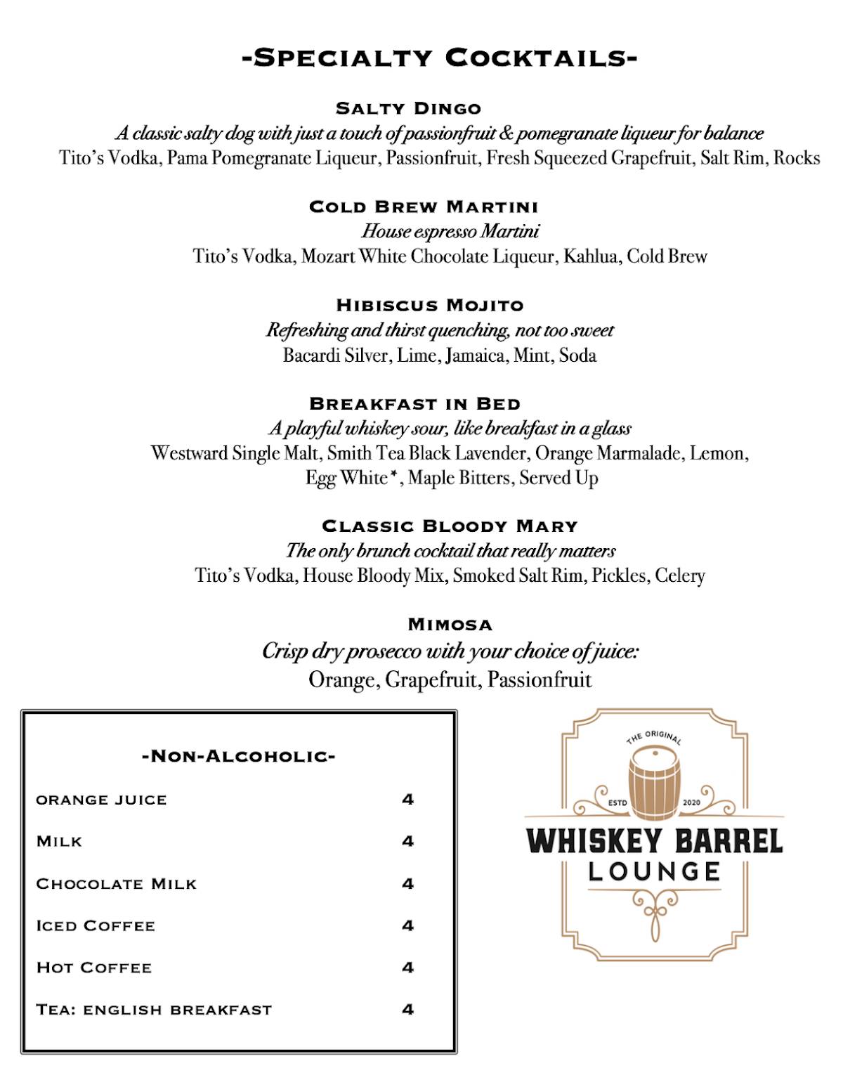 Menu at Whiskey Barrel Lounge, Happy Valley