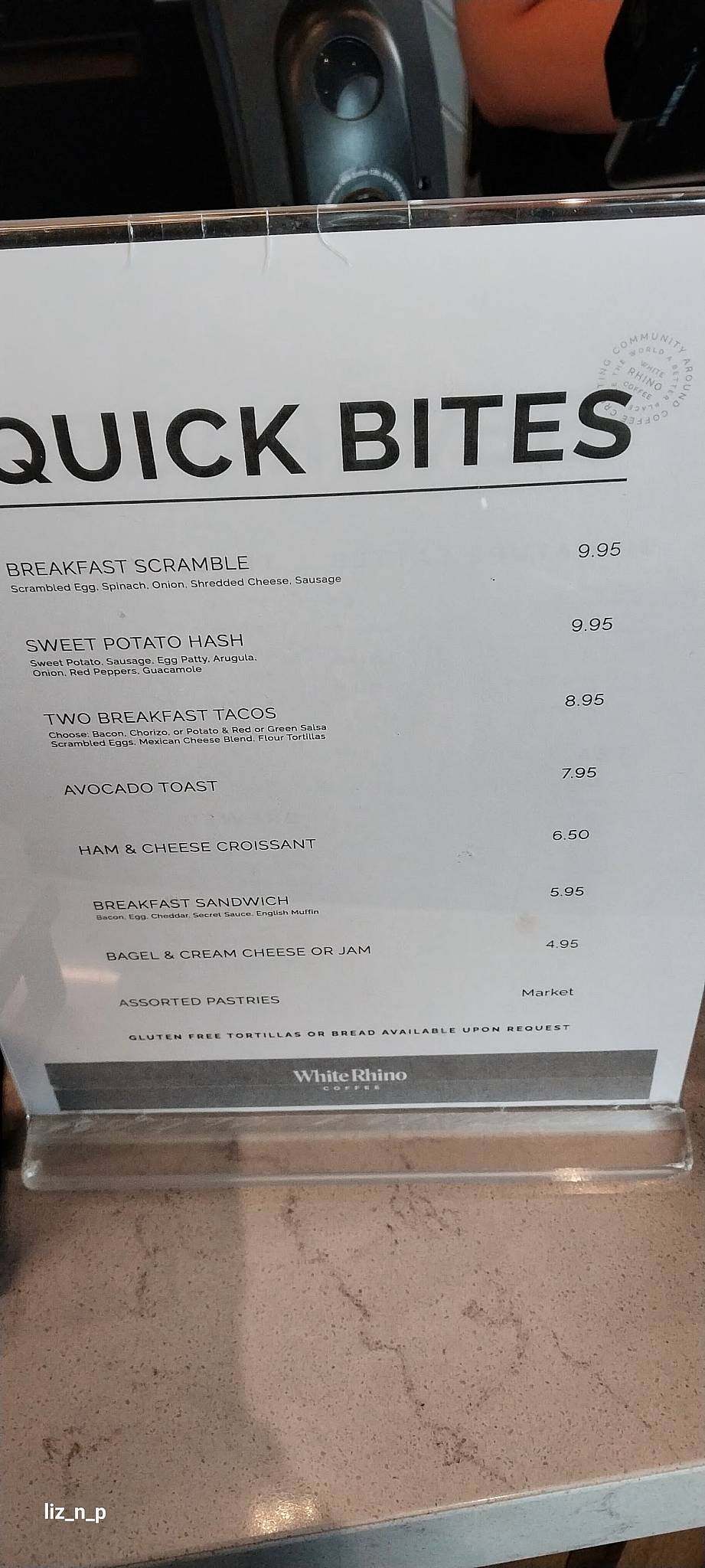 Menu at White Rhino Coffee restaurant, Fort Worth