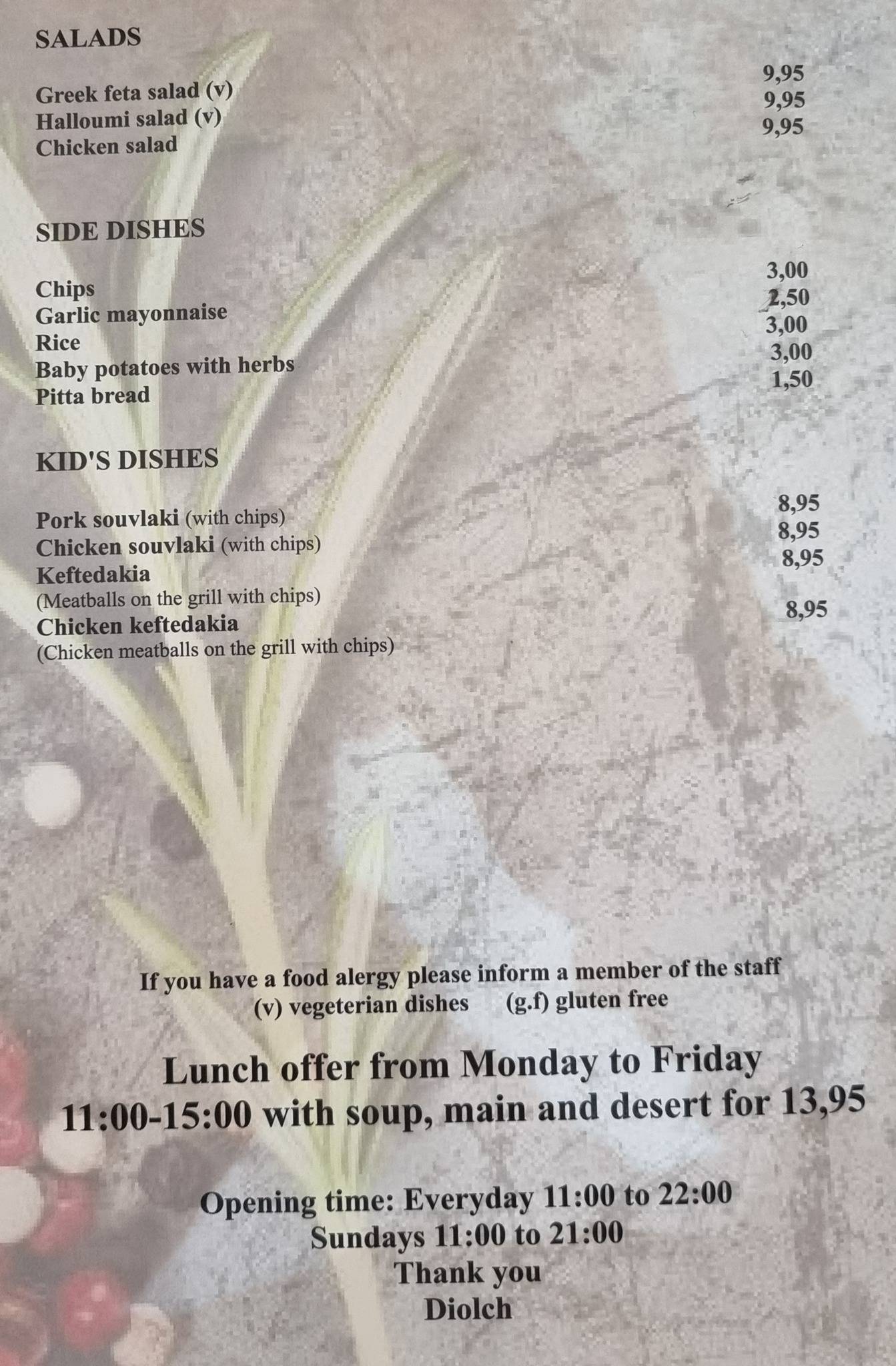 Menu at White Tower restaurant, Llandudno