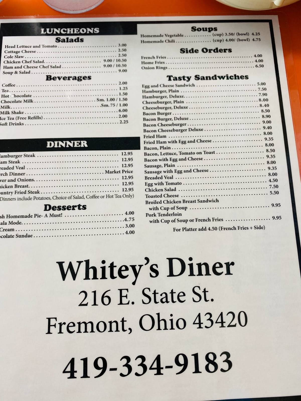 Menu at Whitey's Diner restaurant, Fremont