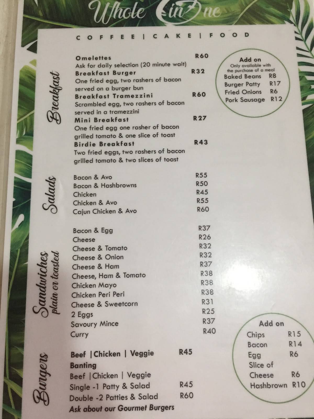 Menu at Whole In One restaurant, Bluff