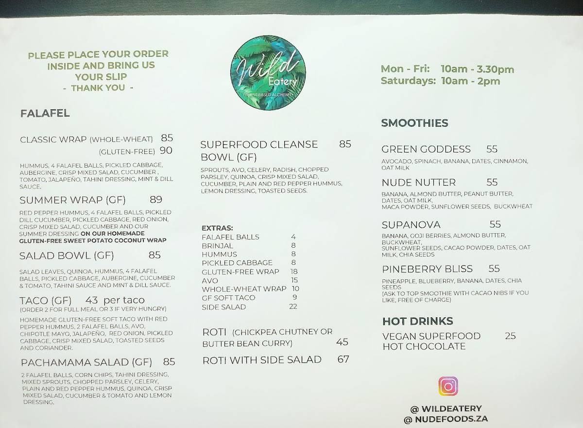 Menu au Wild Eatery restaurant, Le Cap, 59 Harrington St