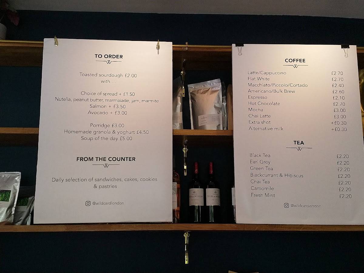 Menu at Wildcard cafe, London, 30 Chamberlayne Rd
